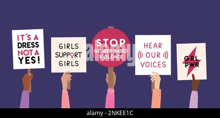 Feminist strike. Hands of diverse woman hold banners with woman ...