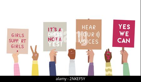 Feminist strike. Hands of diverse woman hold banners with woman ...