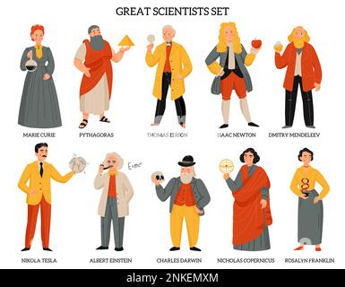 Great scientists color set with flat characters of marie curie albert ...