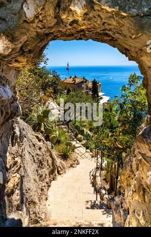 Eze, France - August 1, 2022: Chateau Eza hotel on slope of medieval ...