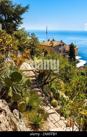 Eze, France - August 1, 2022: Chateau Eza hotel on slope of medieval ...