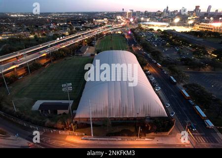 An aerial view of the Texas Longhorns foorball practice facility ...