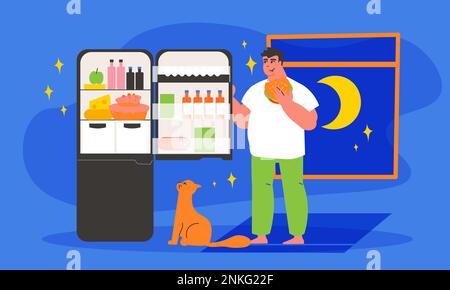 Obesity cartoon night background with fat man eating sweet bread near ...