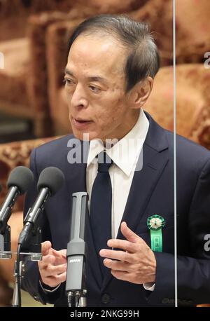 Bank of Japan's governor Kazuo Ueda delivers a speech as new banknotes ...