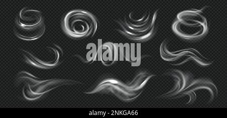 Realistic wind swirls set with monochrome images of smoke wisps of ...