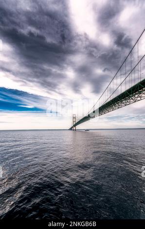 Mackinac Bridge crossing the straits of Mackinac connecting upper and ...