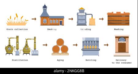 Whiskey production process. Distillation and aging whisky infographics ...