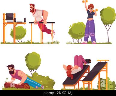 Workout cartoon composition with males and females doing sport outdoors ...