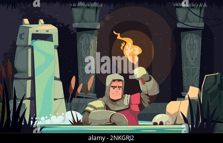 Dungeon cartoon composition with man holding sword in medieval castle ...
