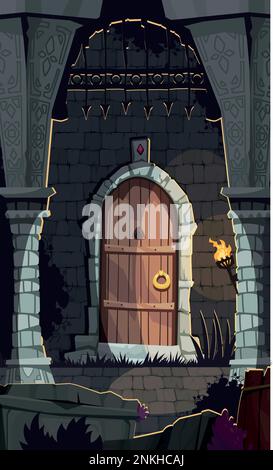 Underground dungeon with wooden door, torch fire and treasure chest ...