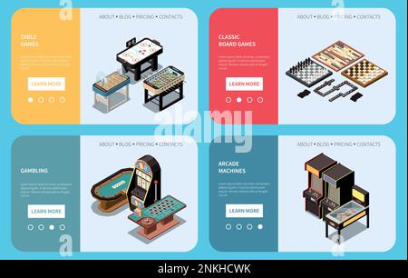 Indoor and table games isometric banner set with classic arcade machines isolated vector ...