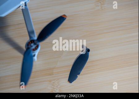 Damaged plastic drone rotor propeller blade caused by flying into an ...