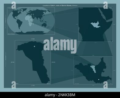 Unity, state of South Sudan. Solid color shape. Locations of major ...