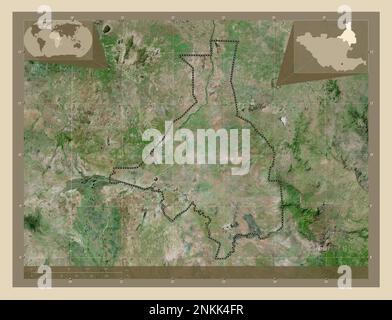 Upper Nile, state of South Sudan. Low resolution satellite map. Corner ...