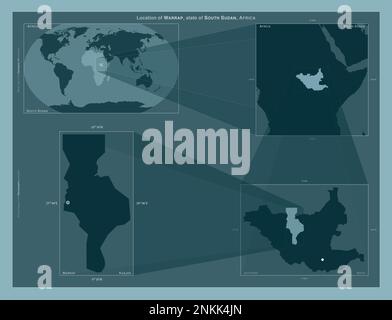 Warrap, state of South Sudan. Solid color shape. Locations and names of ...