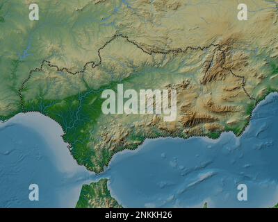 Andalucia, autonomous community of Spain. Colored elevation map with ...