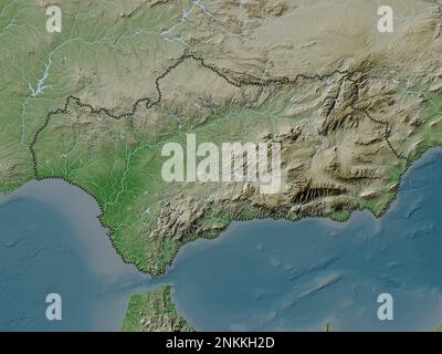 Andalucia, autonomous community of Spain. Colored elevation map with ...