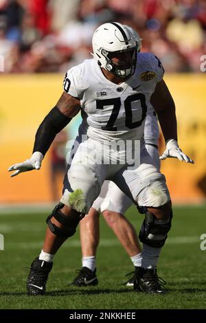 Penn State offensive lineman Juice Scruggs runs a drill at the NFL ...