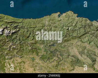 Cantabria, autonomous community of Spain. Low resolution satellite map. Locations and names of ...