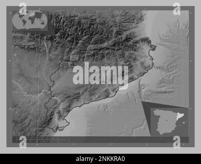 Cataluna, autonomous community of Spain. Grayscale elevation map with ...