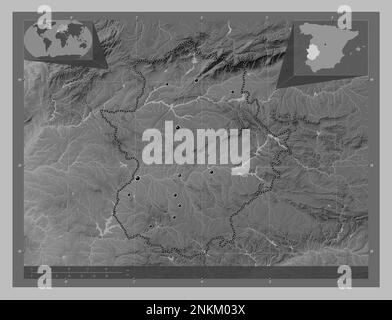 Extremadura, autonomous community of Spain. Grayscale elevation map with lakes and rivers Stock ...