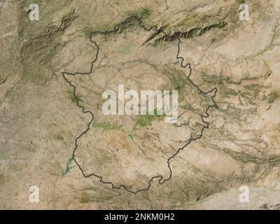 Extremadura, autonomous community of Spain. Low resolution satellite map. Locations and names of ...