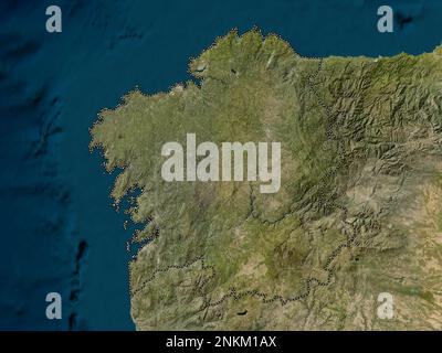 Galicia, autonomous community of Spain. Low resolution satellite map. Locations of major cities ...