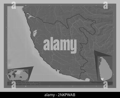 Galle, district of Sri Lanka. Grayscale elevation map with lakes and ...