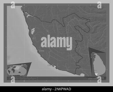 Galle, district of Sri Lanka. Grayscale elevation map with lakes and ...