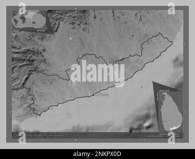 Hambantota, district of Sri Lanka. Grayscale elevation map with lakes ...