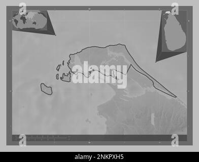 Jaffna, district of Sri Lanka. Grayscale elevation map with lakes and ...