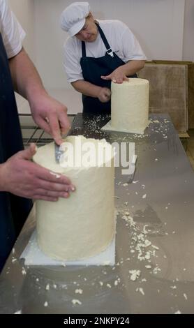 Stichelton Raw Milk Blue Cheese production Stock Photo - Alamy
