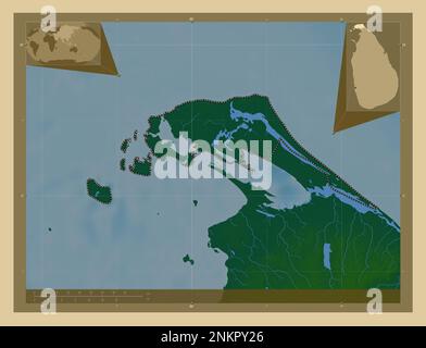 Jaffna, district of Sri Lanka. Colored elevation map with lakes and ...