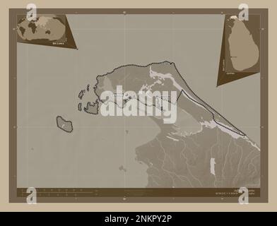 Jaffna, district of Sri Lanka. Colored elevation map with lakes and ...