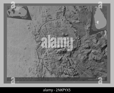 Kegalle, district of Sri Lanka. Grayscale elevation map with lakes and ...