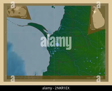 Mannar, district of Sri Lanka. Colored elevation map with lakes and ...