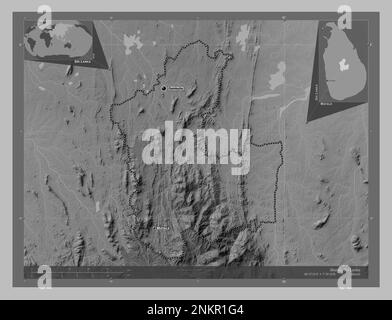 Matale, district of Sri Lanka. Grayscale elevation map with lakes and ...