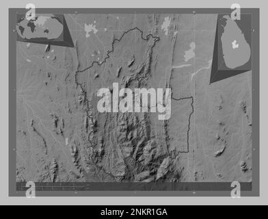 Matale, district of Sri Lanka. Grayscale elevation map with lakes and ...