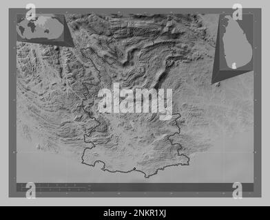Matara, district of Sri Lanka. Grayscale elevation map with lakes and ...