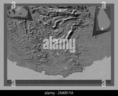 Matara, district of Sri Lanka. Bilevel elevation map with lakes and ...