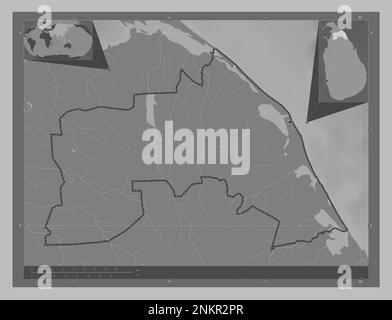 Mullaitivu, district of Sri Lanka. Grayscale elevation map with lakes ...