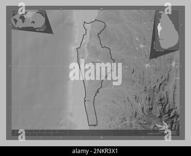 Puttalam, district of Sri Lanka. Grayscale elevation map with lakes and ...