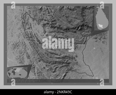 Ratnapura, district of Sri Lanka. Grayscale elevation map with lakes ...