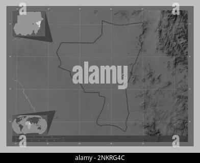 Kassala, state of Sudan. Grayscale elevation map with lakes and rivers ...