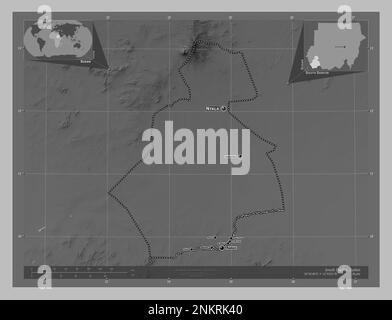 South Darfur, state of Sudan. Grayscale elevation map with lakes and ...