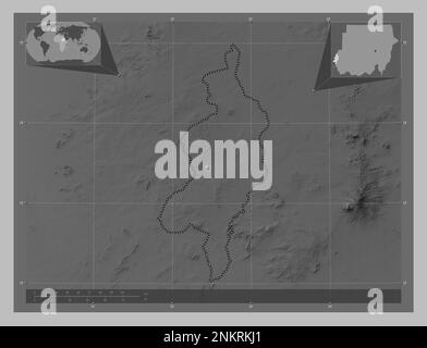 West Darfur, state of Sudan. Grayscale elevation map with lakes and ...