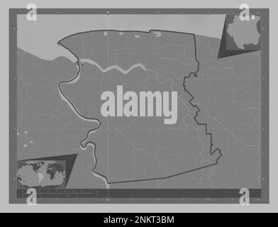 Commewijne, district of Suriname. Grayscale elevation map with lakes ...