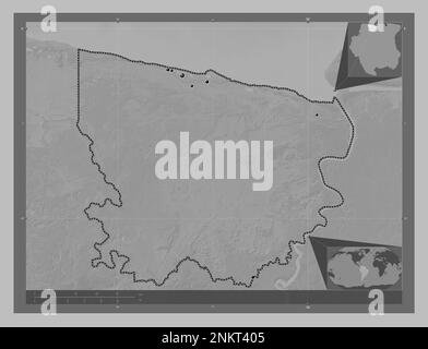 Coronie, district of Suriname. Grayscale elevation map with lakes and ...