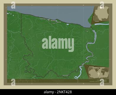 Coronie, district of Suriname. Colored elevation map with lakes and ...