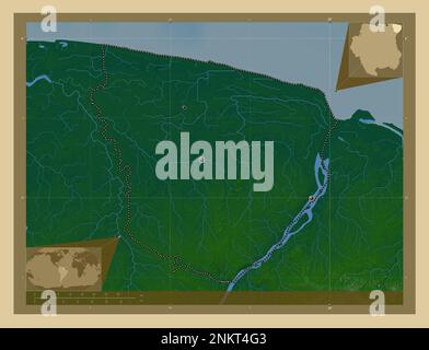 Marowijne, district of Suriname. Colored elevation map with lakes and ...